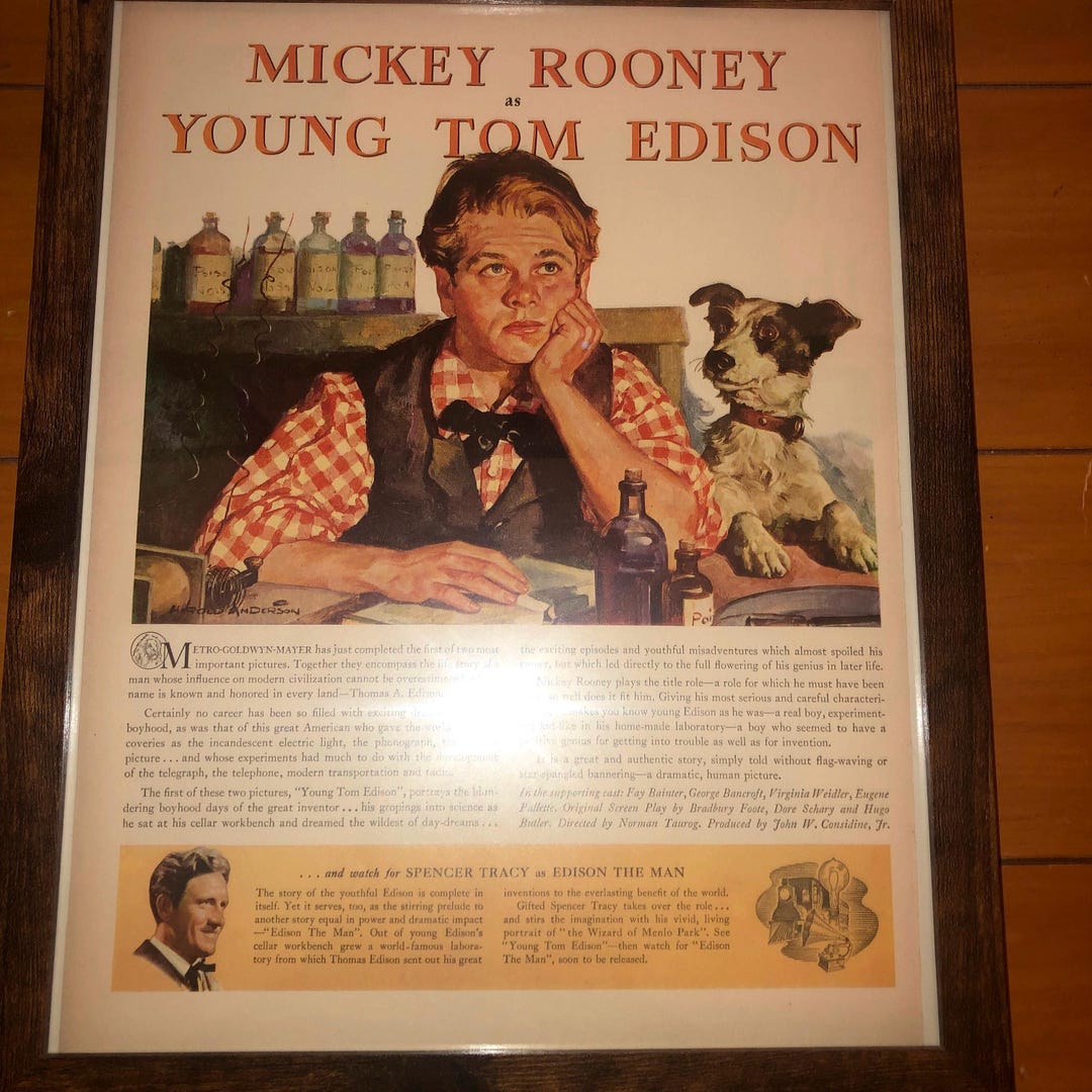 Framed 1950 Ad for ‘’young Tom Edison’’ Movie Starring Mickey Rooney - Etsy