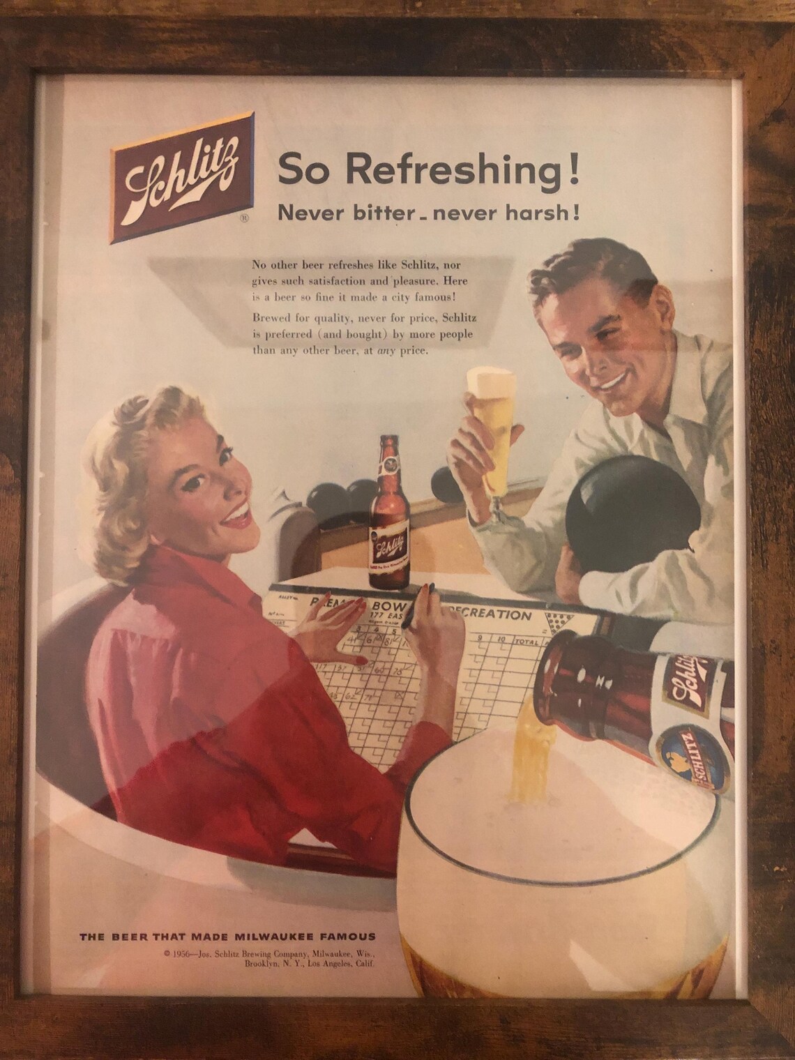 Framed Vintage 1956 Schlitz Beer Advertisement *bowling Theme - Etsy