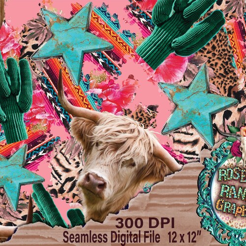 Highland Cow Western Style Seamless Pattern Digital Download - Etsy