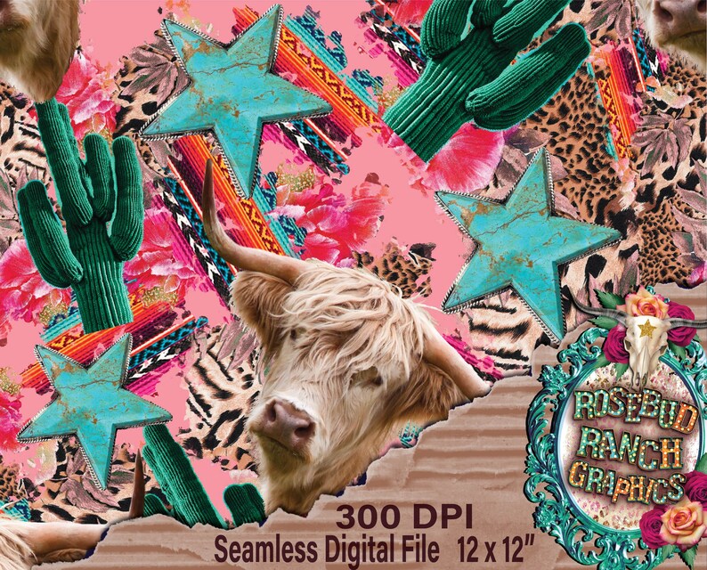 Highland Cow Western Style Seamless Pattern Digital Download - Etsy