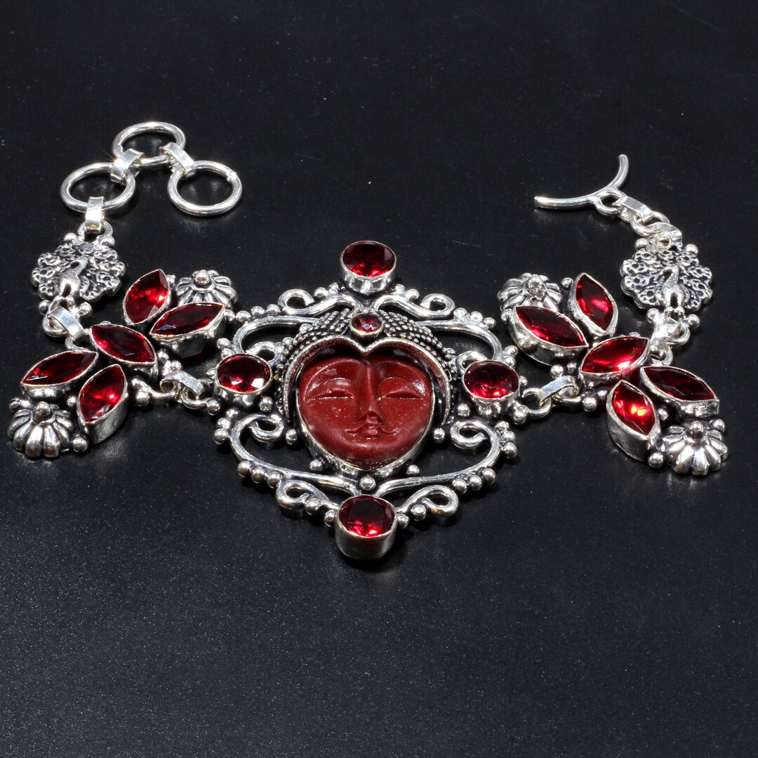 Craved Face Garnet Gemstone Handmade 925 Sterling Silver Jewelry ...