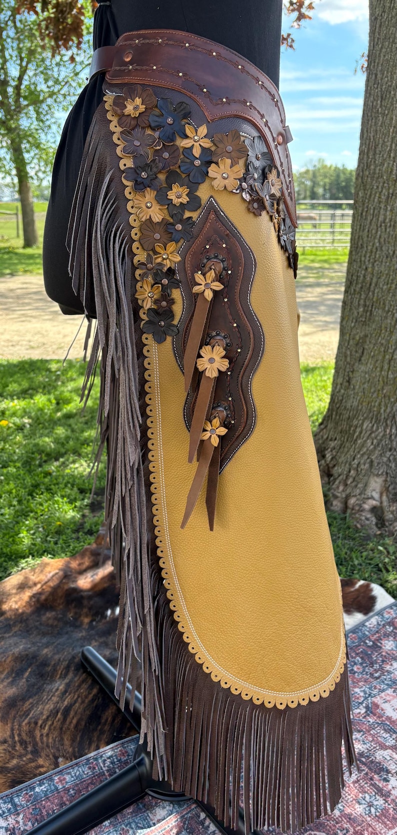 SOLD - Large - Western Chaps With Handcrafted Leather Flower & Crystal ...