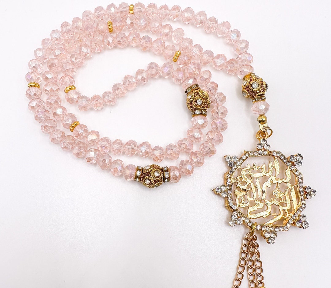 Real Pink Crystal Islamic Prayer Beads Bismillah, Natural Stone 99 ...