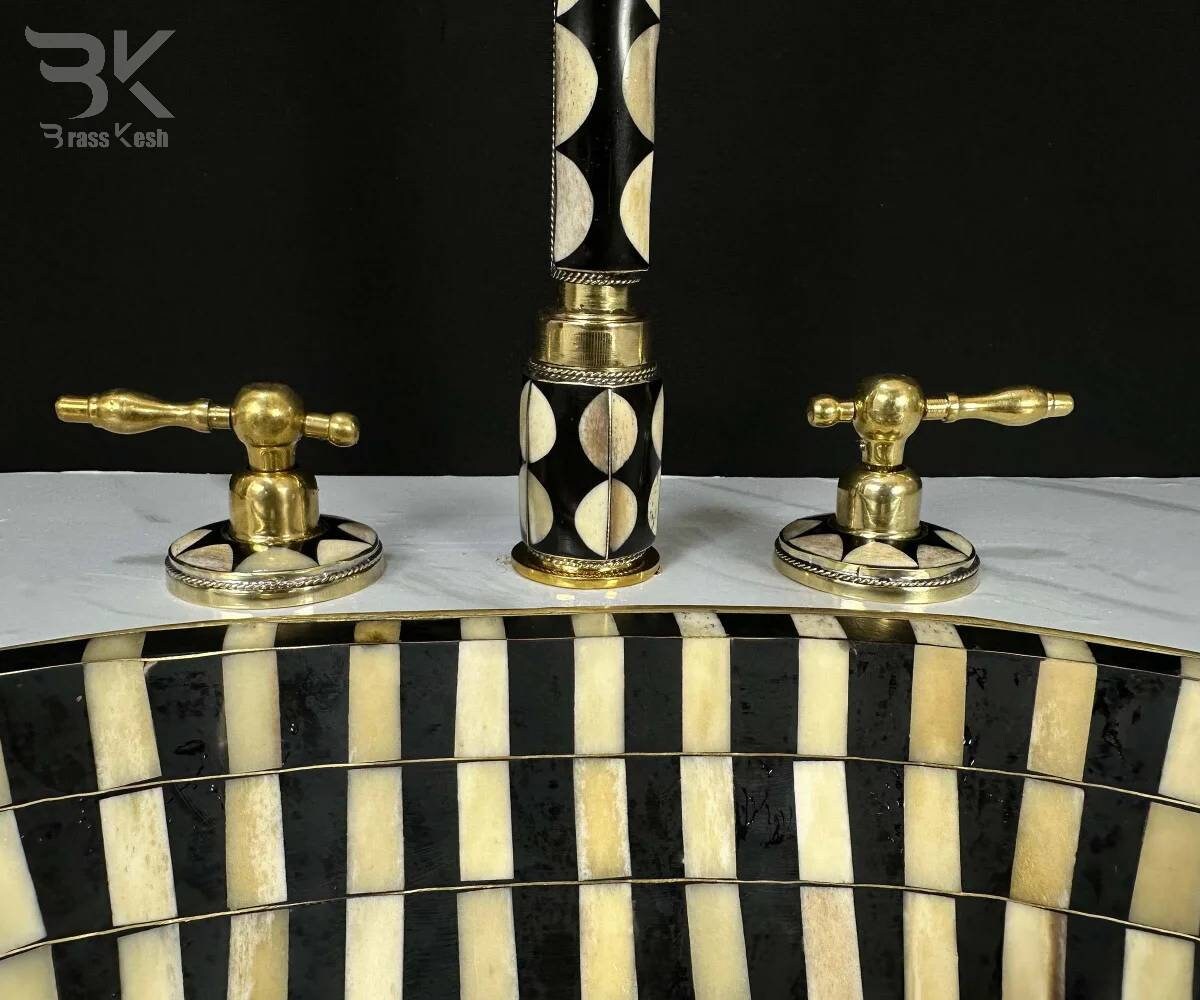 Handmade Brass Widespread Faucet and Sink With Bone and Black Resin ...