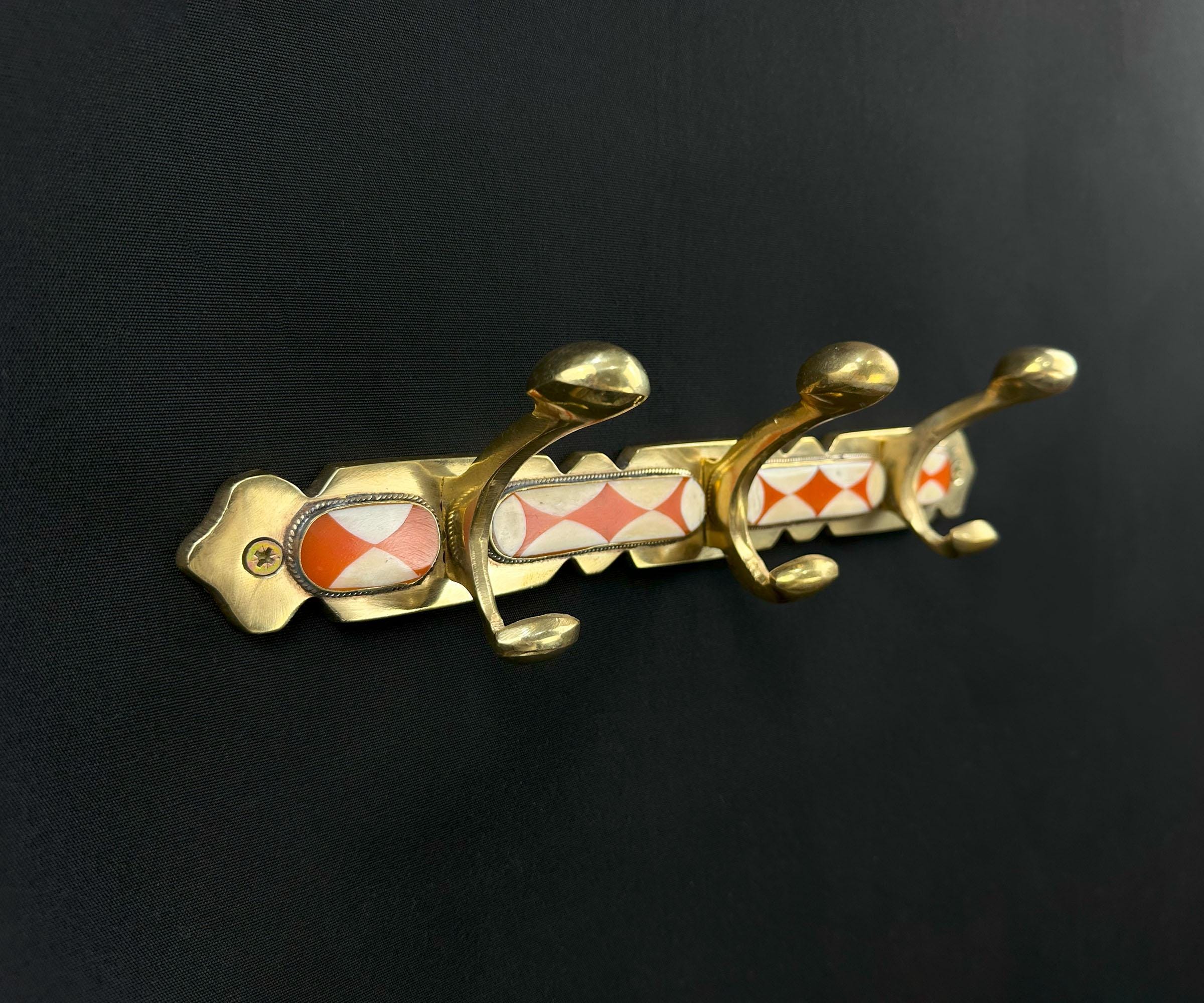 Handmade Moroccan Brass Hook Rack: Bone & Orange Resin Inlay - Etsy