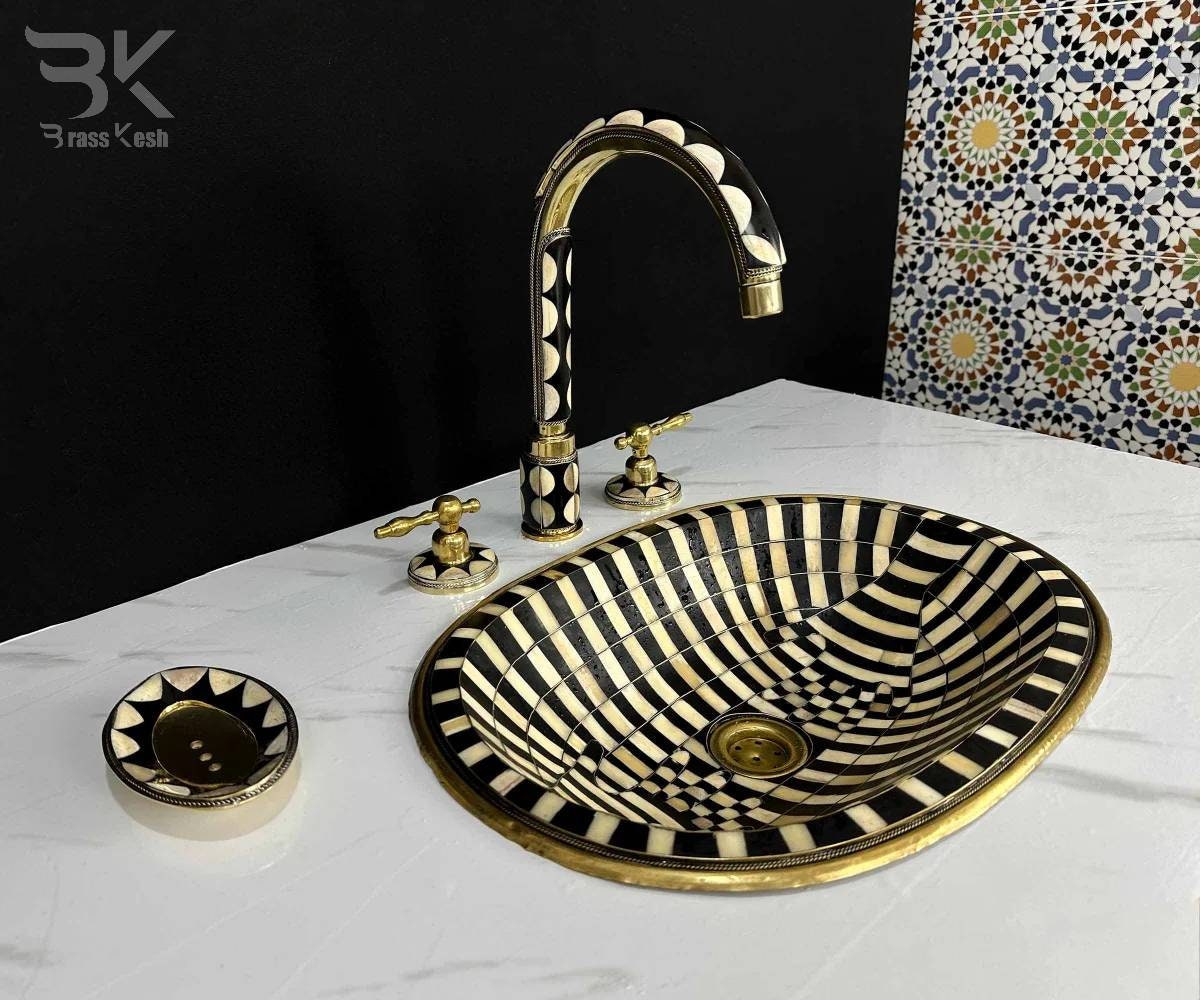 Handmade Brass Widespread Faucet and Sink With Bone and Black Resin ...