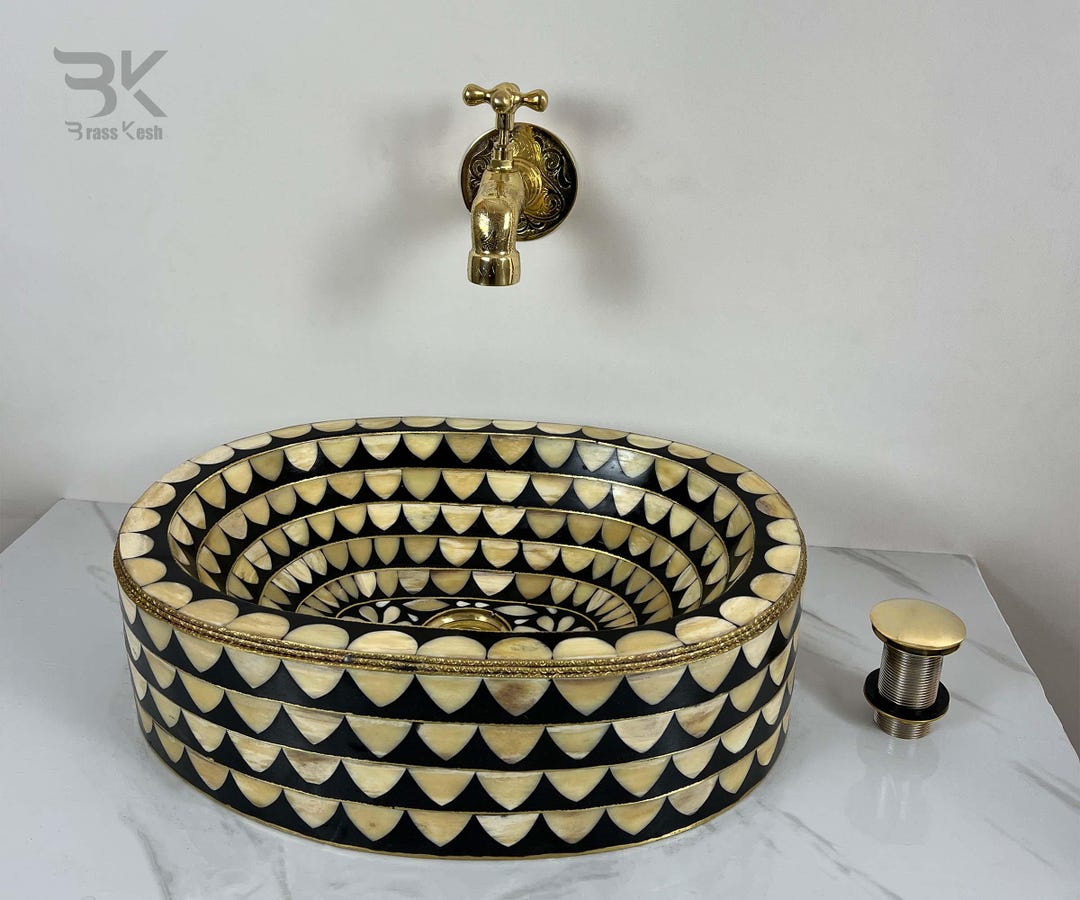 Handmade Brass Oval Vessel Sink With Bone and Resin Inlays – Free Pop ...