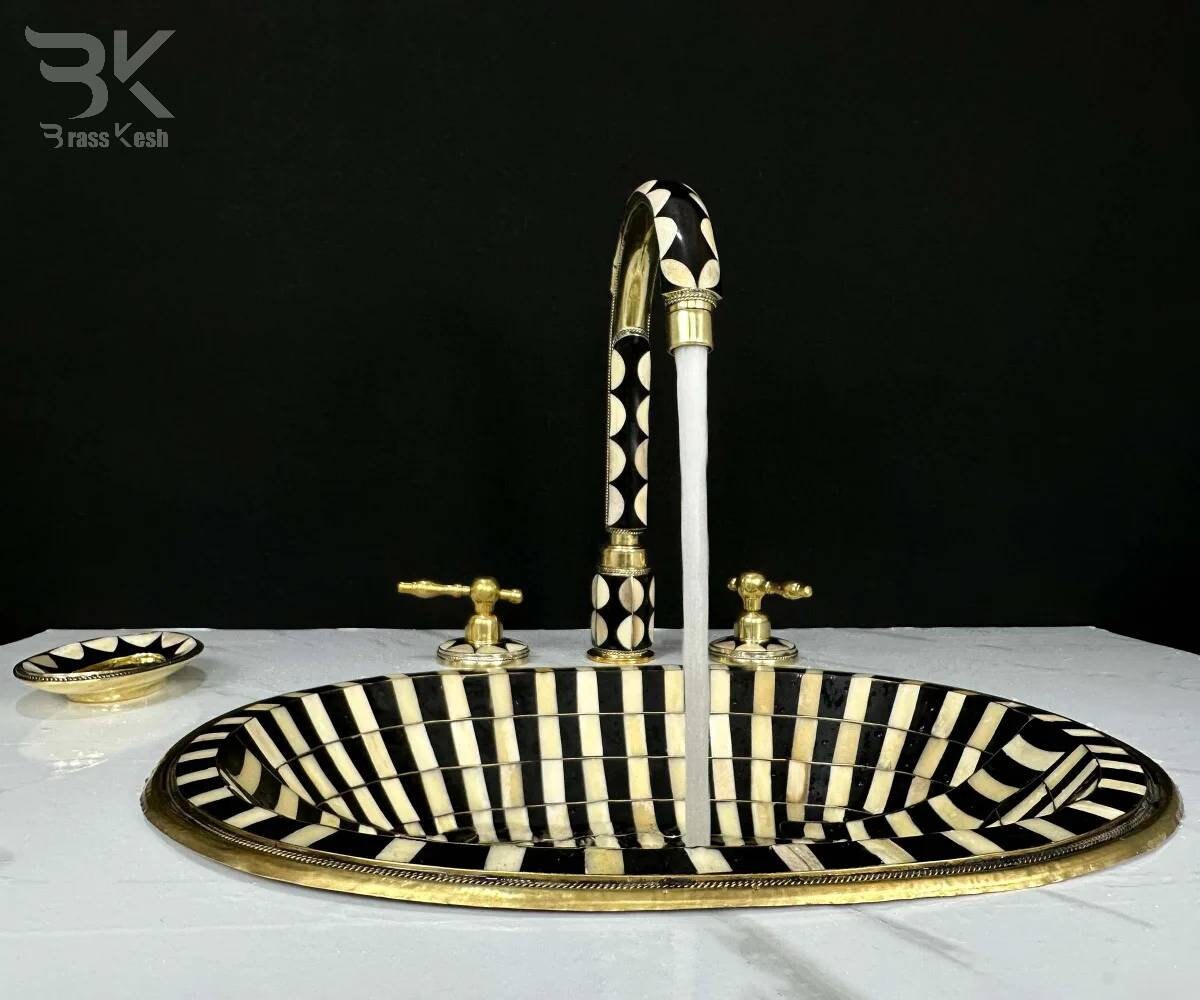 Handmade Brass Widespread Faucet and Sink With Bone and Black Resin ...