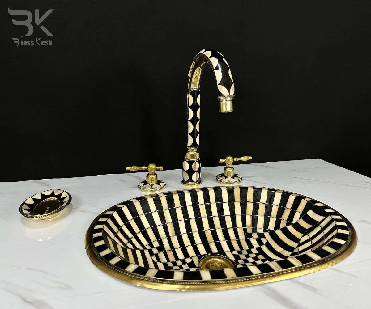 Handmade Brass Widespread Faucet and Sink With Bone and Black Resin ...