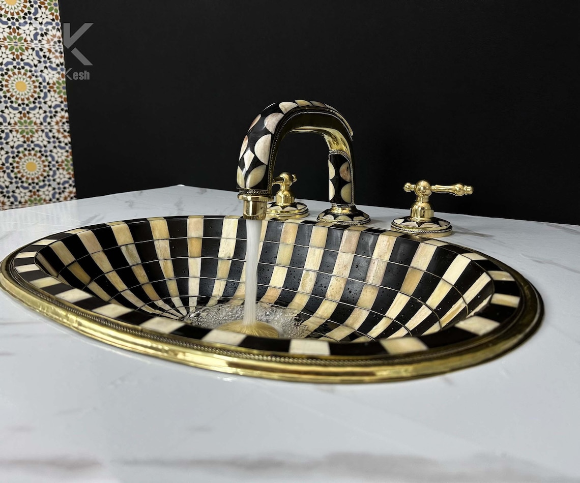 Handmade Brass Widespread Faucet and Drop-in Sink With Bone and Resin ...