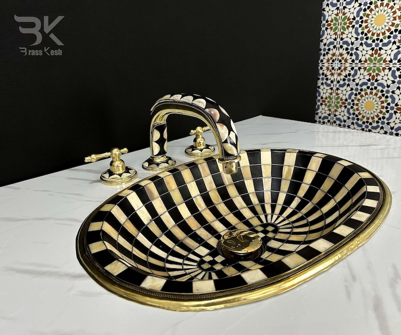 Handmade Brass Widespread Faucet and Drop-in Sink With Bone and Resin ...