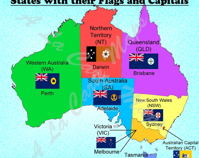 Digital Map of Australia States, Territories With Their Flags and Their ...