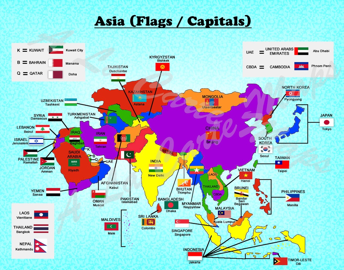 Digital Map of All Asian Countries With Their Flags and Their Capital ...