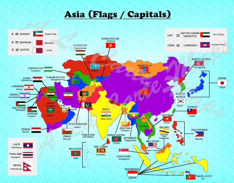 Digital Map of All Asian Countries With Their Flags and Their Capital ...