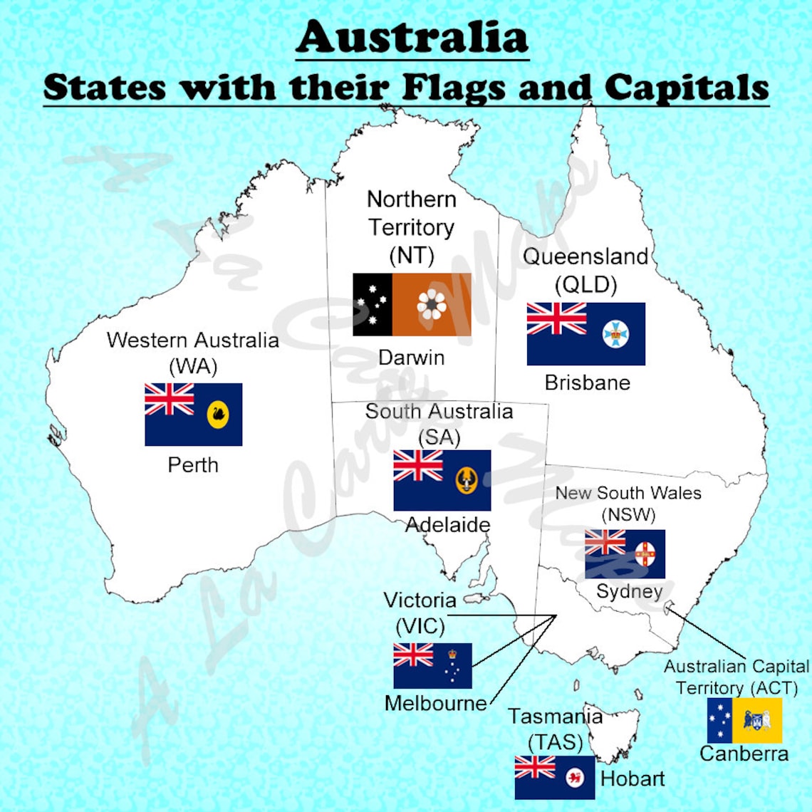 Digital Map of Australia States, Territories With Their Flags and Their ...