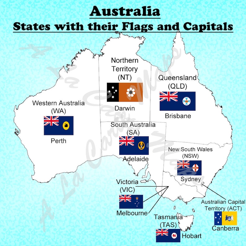 Digital Map of Australia States, Territories With Their Flags and Their ...