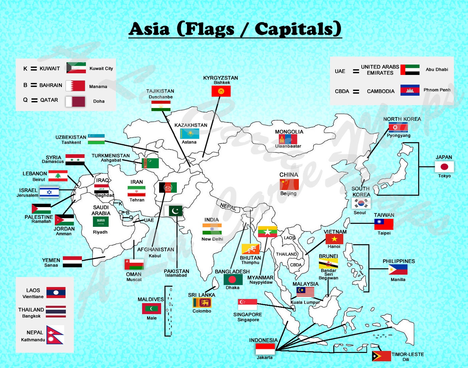 Digital Map of All Asian Countries With Their Flags and Their Capital ...