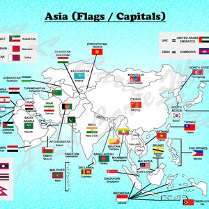 Digital Map of All Asian Countries With Their Flags and Their Capital ...
