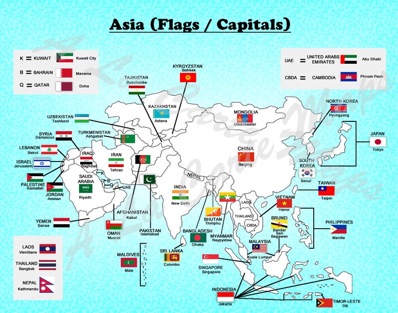 Digital Map of All Asian Countries With Their Flags and Their Capital ...