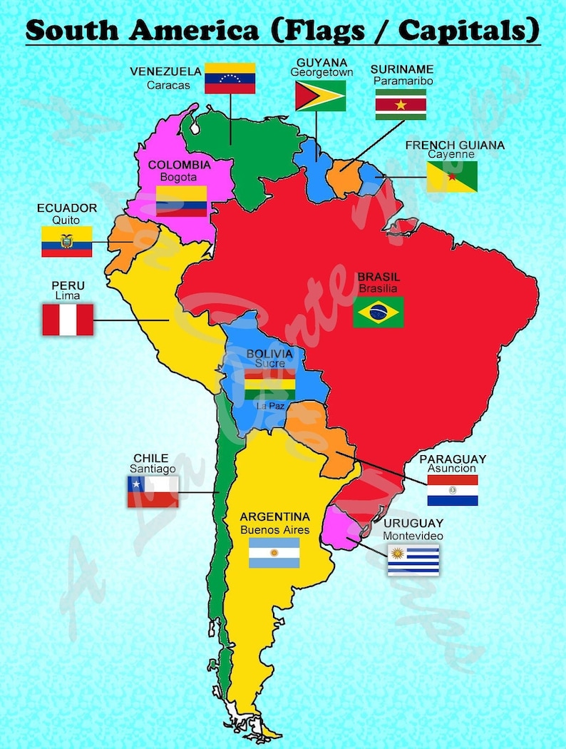 Digital Map of All South American Countries With Their Flags and Their ...