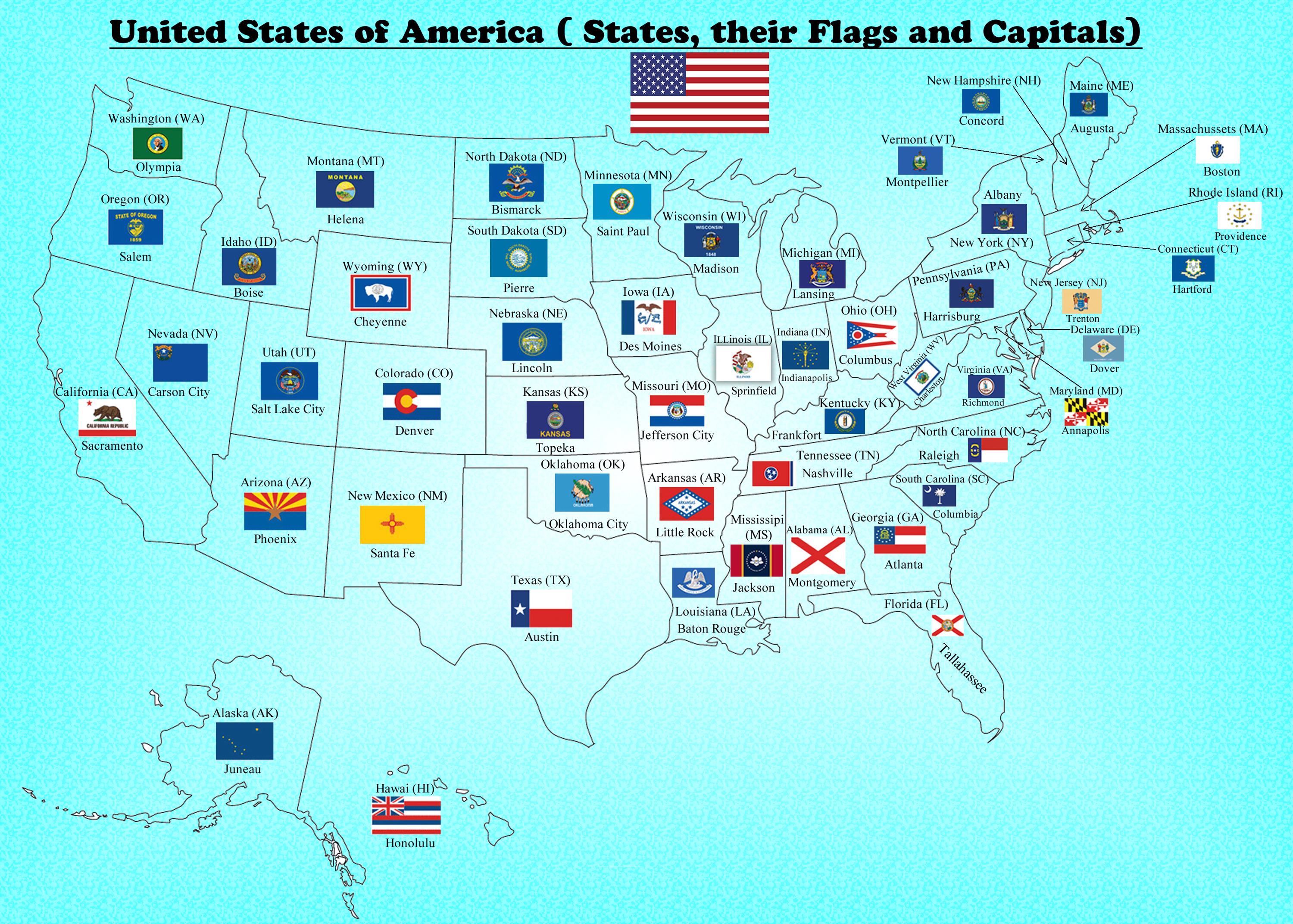Digital Map of All US States With Their Flags and Their Capital Cities ...