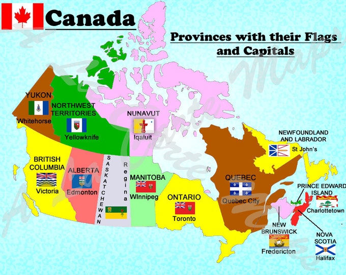 Digital Map of All Canadian Provinces With Their Flags and Their ...