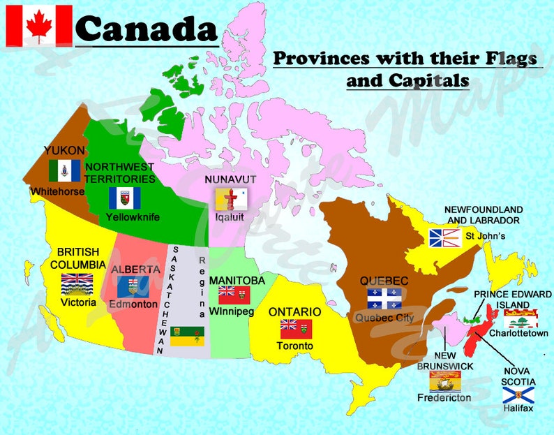 Digital Map of All Canadian Provinces With Their Flags and Their Capital Cities - Etsy