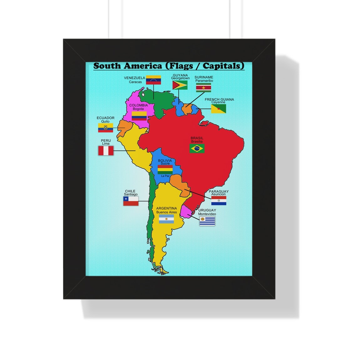 Framed Poster of All South American Countries With Their Flags and ...