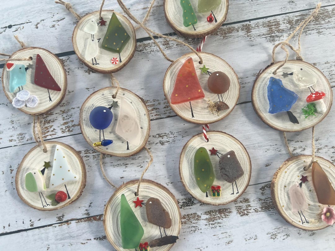 Christmas Sea Glass Wood Ornaments Etsy