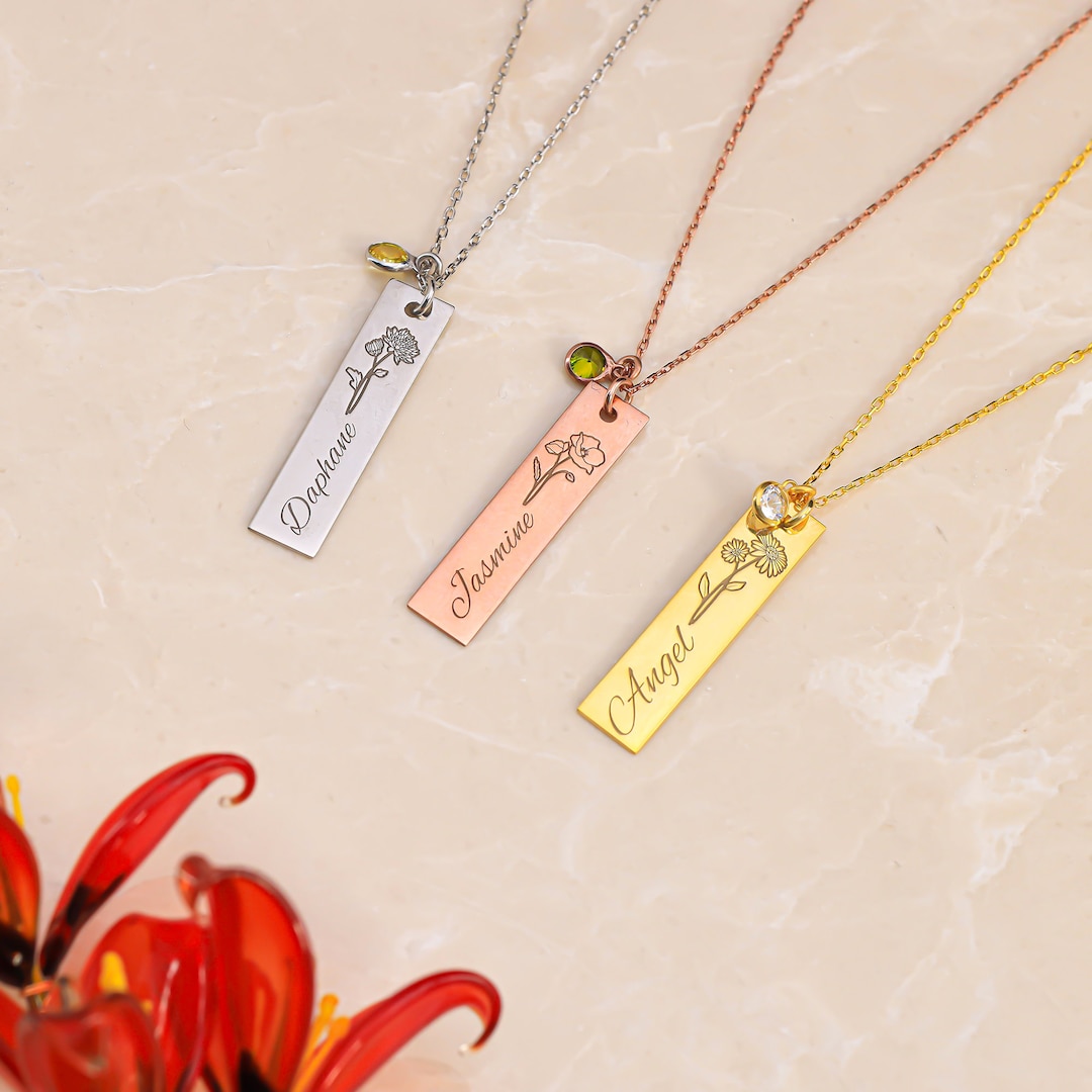 Handmade Rectangle Custom Necklace, Birth Flower Name Necklace ...