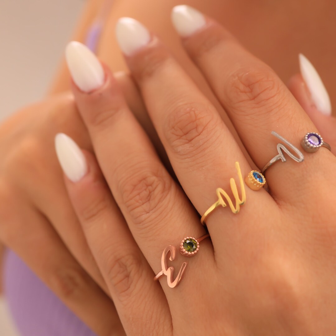 Letter Initial Birthstone Ring, Name Ring With Birthstones, Genuine ...