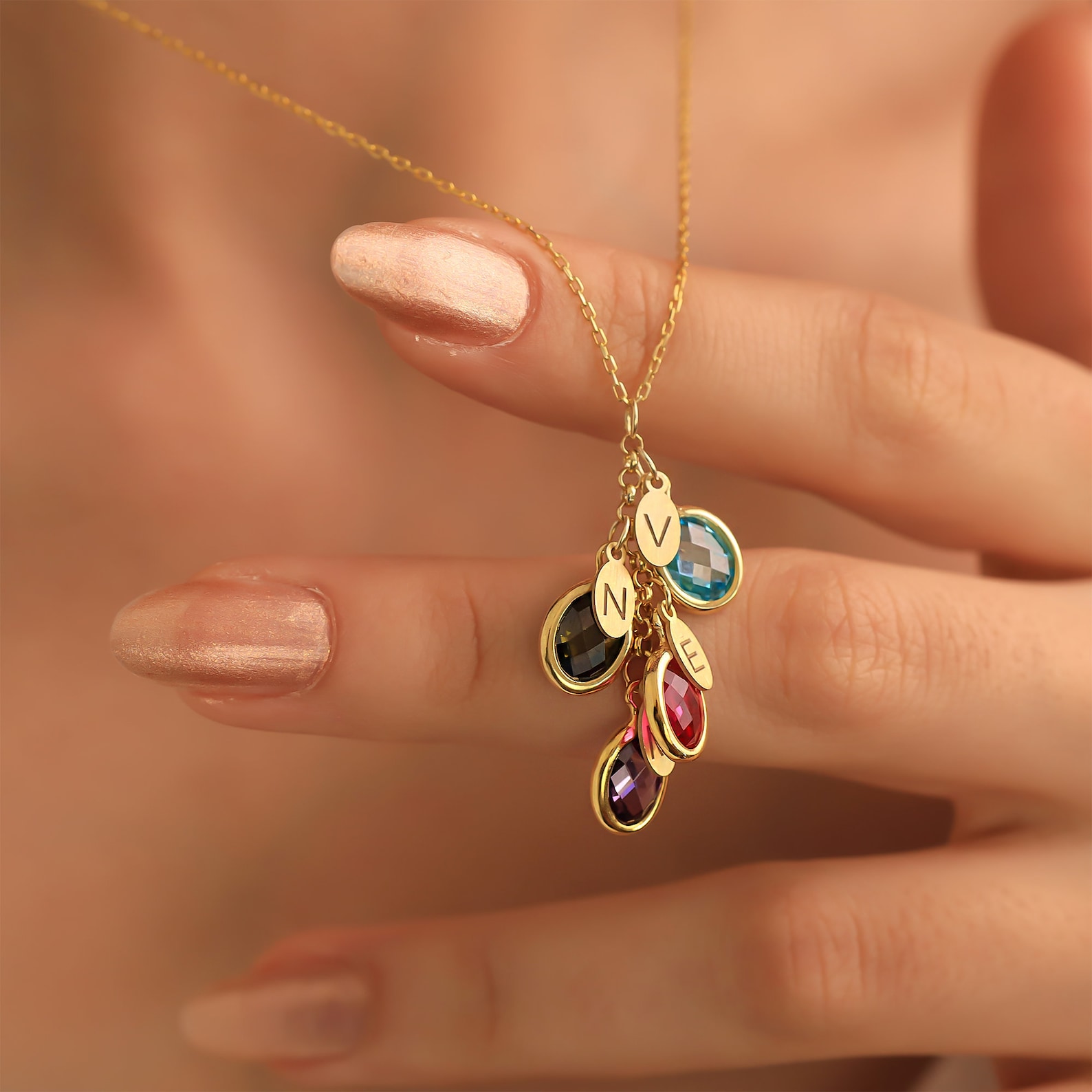 Initial Name Necklace With Gem Stone, Family Birthstone Necklace ...