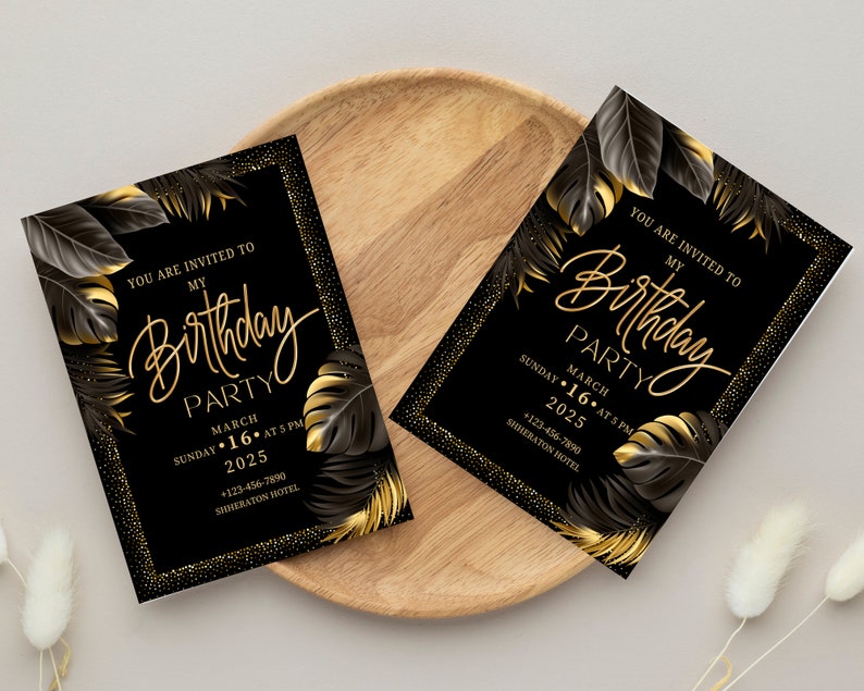 Black Gold Birthday Party Invitation Card Birthday Celebration Card