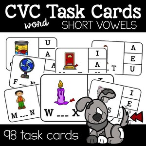 Short Vowel CVC Task Cards 4x6 for Literacy Centers, Short Vowel ...