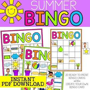 20 Summer BINGO Cards for Classrooms, Birthday Parties, Summer Vacation ...