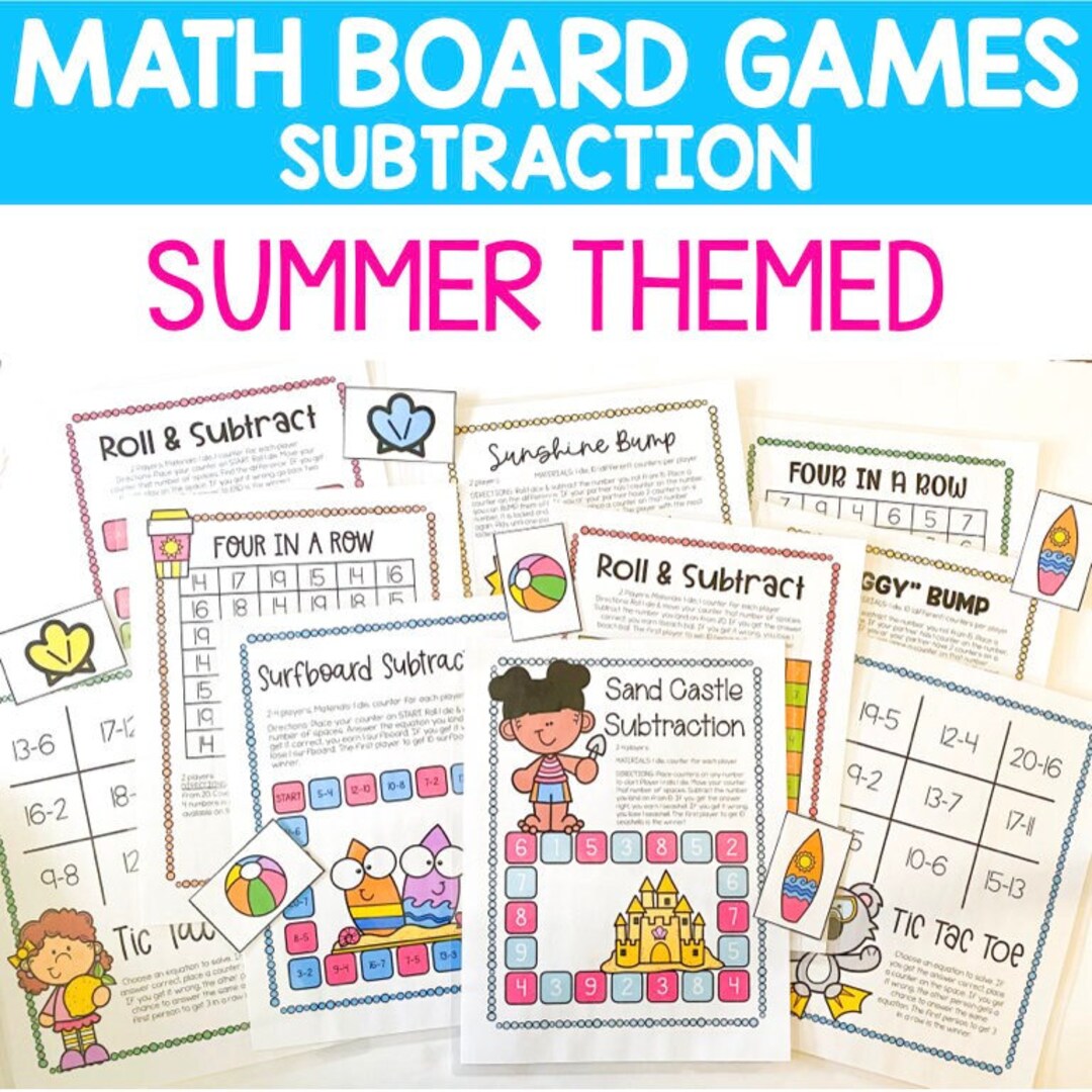 12 Summer Themed Subtraction Board Games, Subtraction Within 20 Math ...
