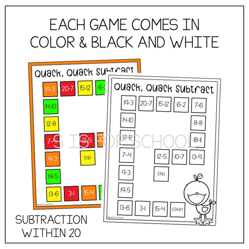 Subtraction From 20 Board Games, Printable Math Games for Centers ...