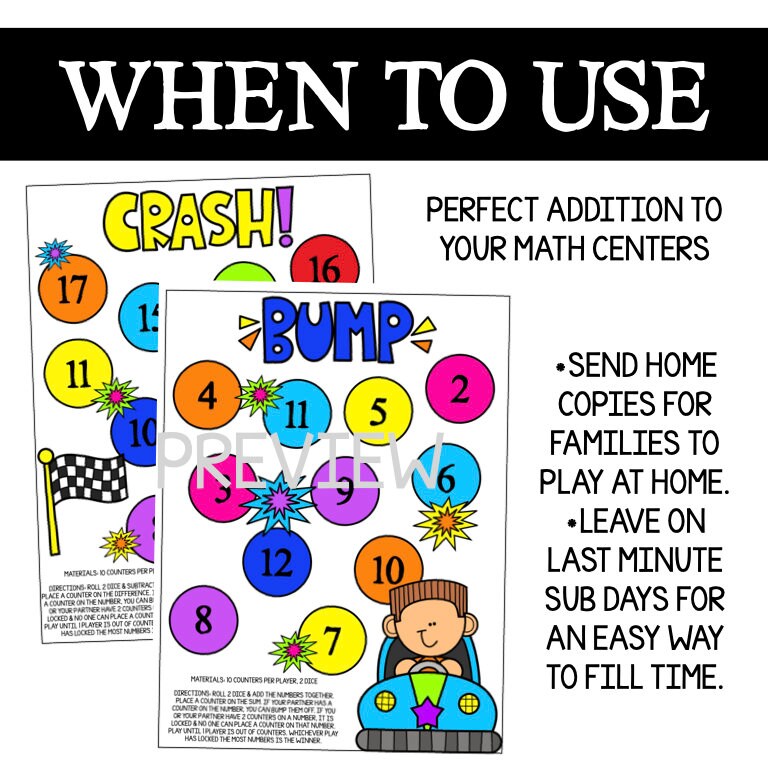 Bump, Single Digit Addition Board Games, Subtraction From 20, Printable ...