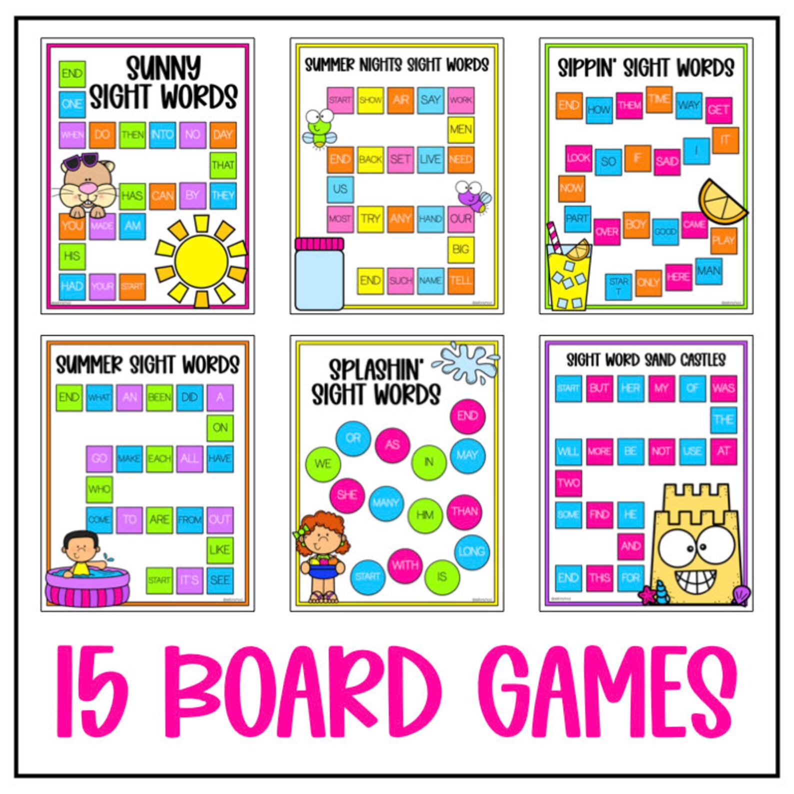 Summer Sight Word Board Games for Kids - Literacy Centers, 1st & 2nd ...