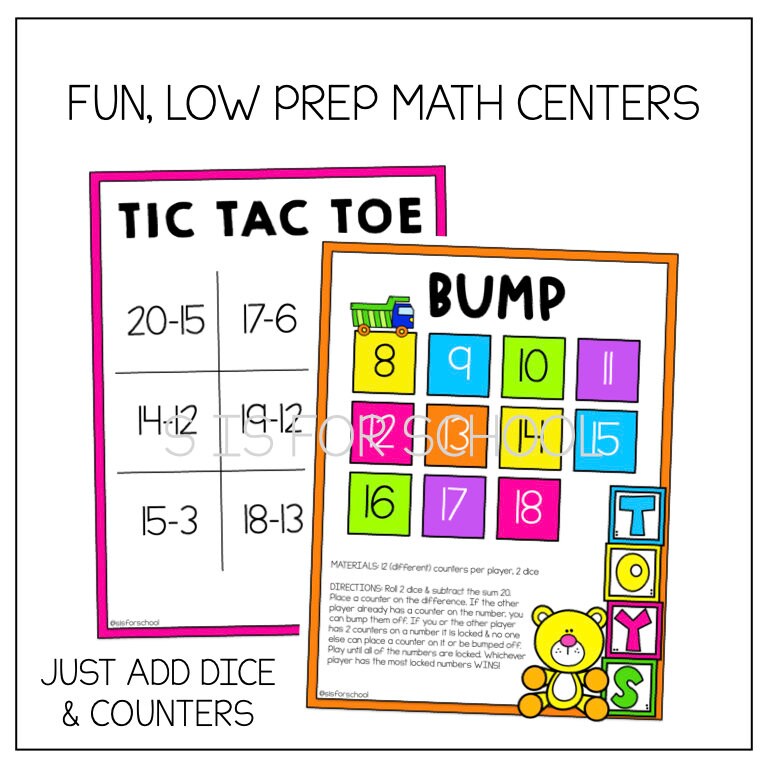 Subtraction From 20 Board Games, Printable Math Games for Centers ...