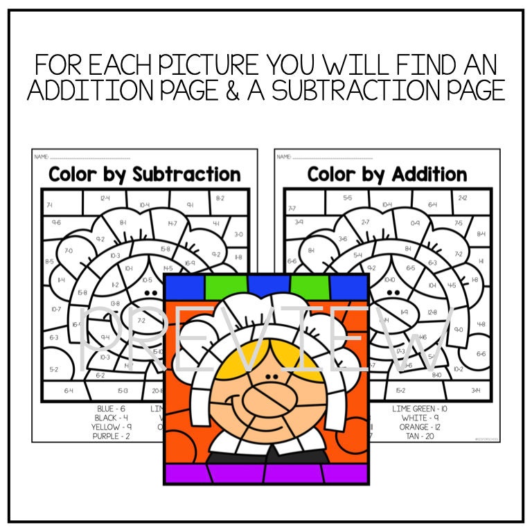 Addition & Subtraction Color by Code: Thanksgiving Edition - Etsy