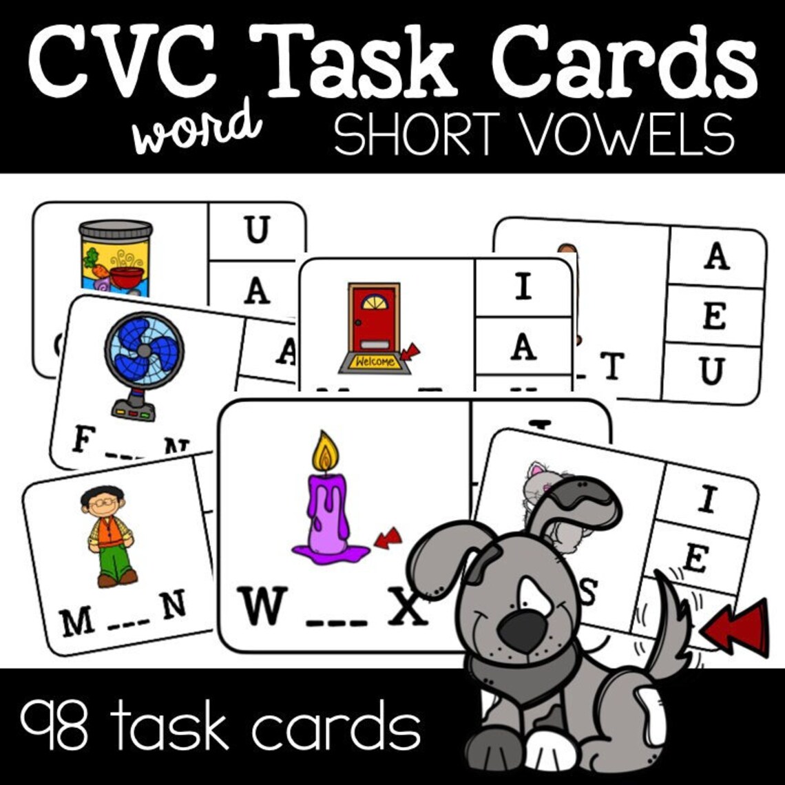 Short Vowel CVC Task Cards 4x6 for Literacy Centers, Short Vowel ...