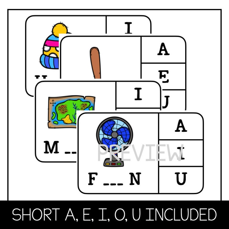 Short Vowel CVC Task Cards 4x6 for Literacy Centers, Short Vowel ...
