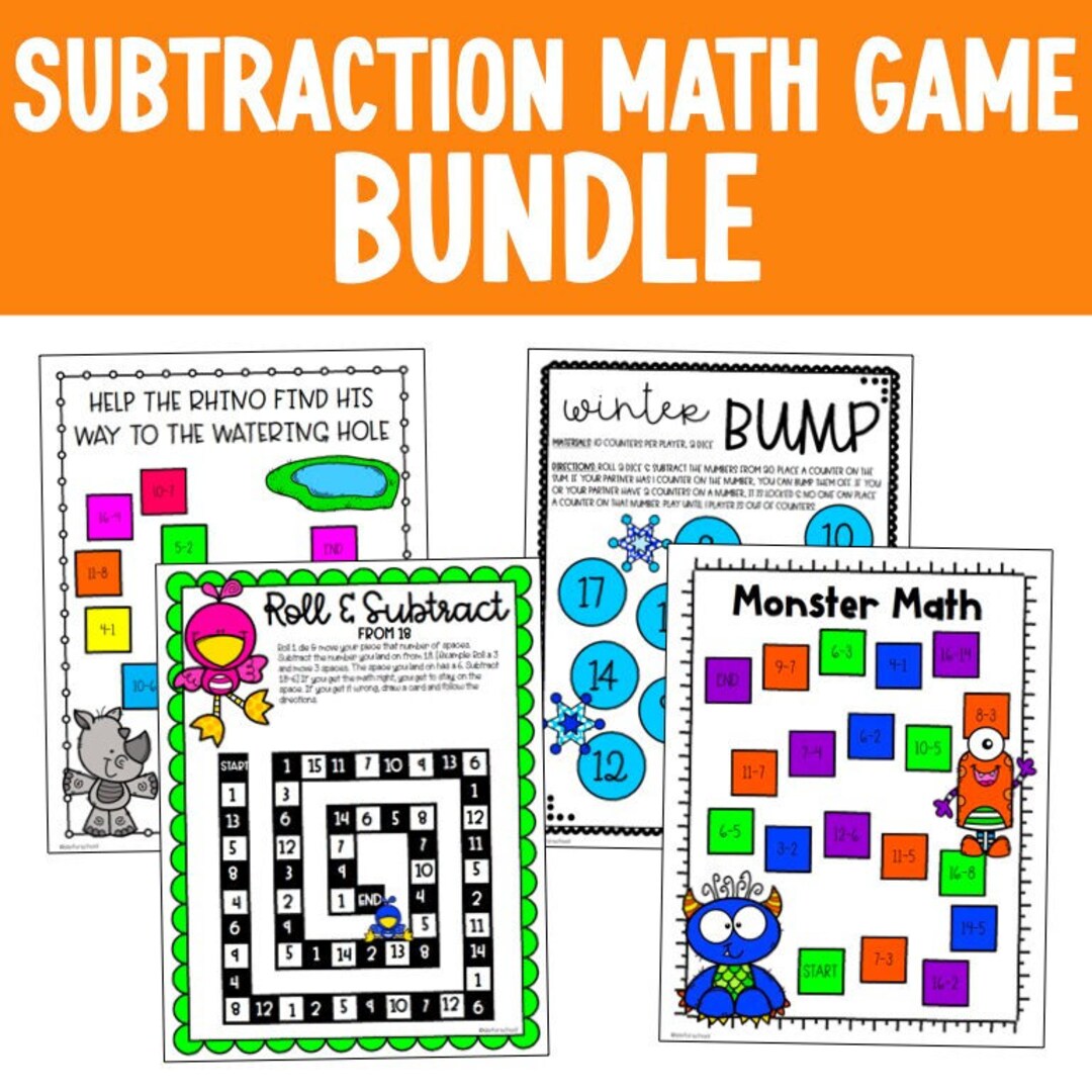 Subtraction From 20 Board Games, 32 Printable Math Activities for ...