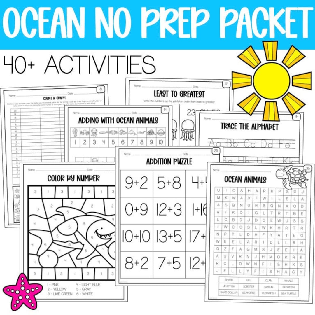 Printable Summer Review Worksheets for 1st Graders, Ocean Themed, No ...