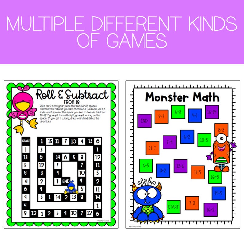 Subtraction From 20 Board Games, 32 Printable Math Activities for ...