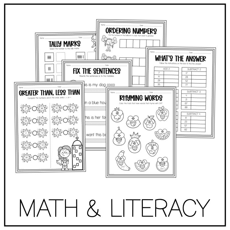 Early Finisher Worksheet Packet, Math & Literacy No Prep Pages, First ...