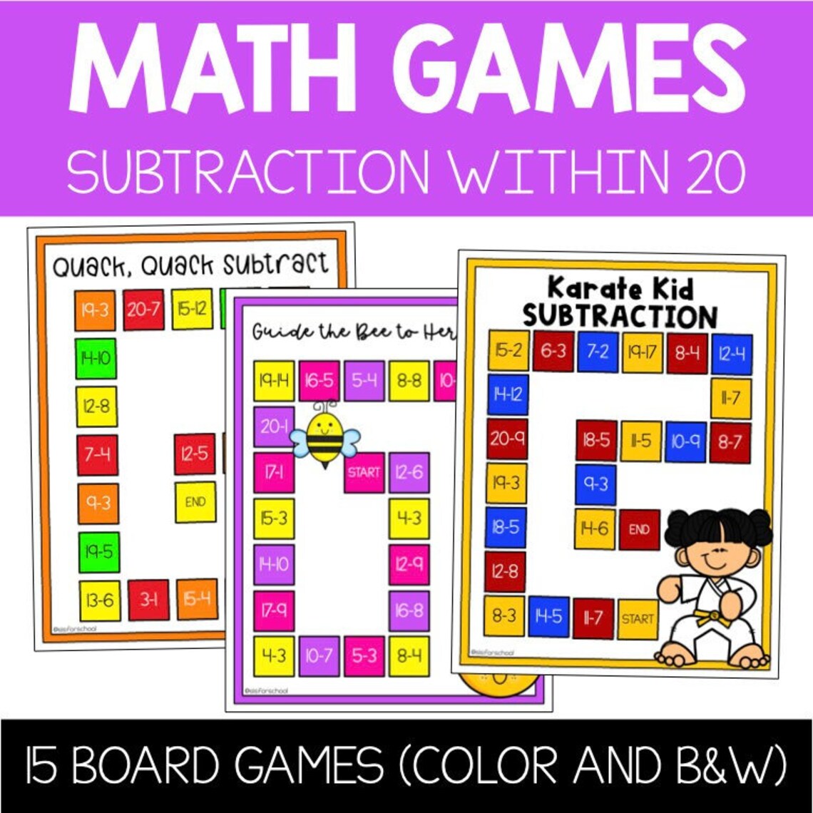 Subtraction From 20 Board Games, Printable Math Games for Centers ...
