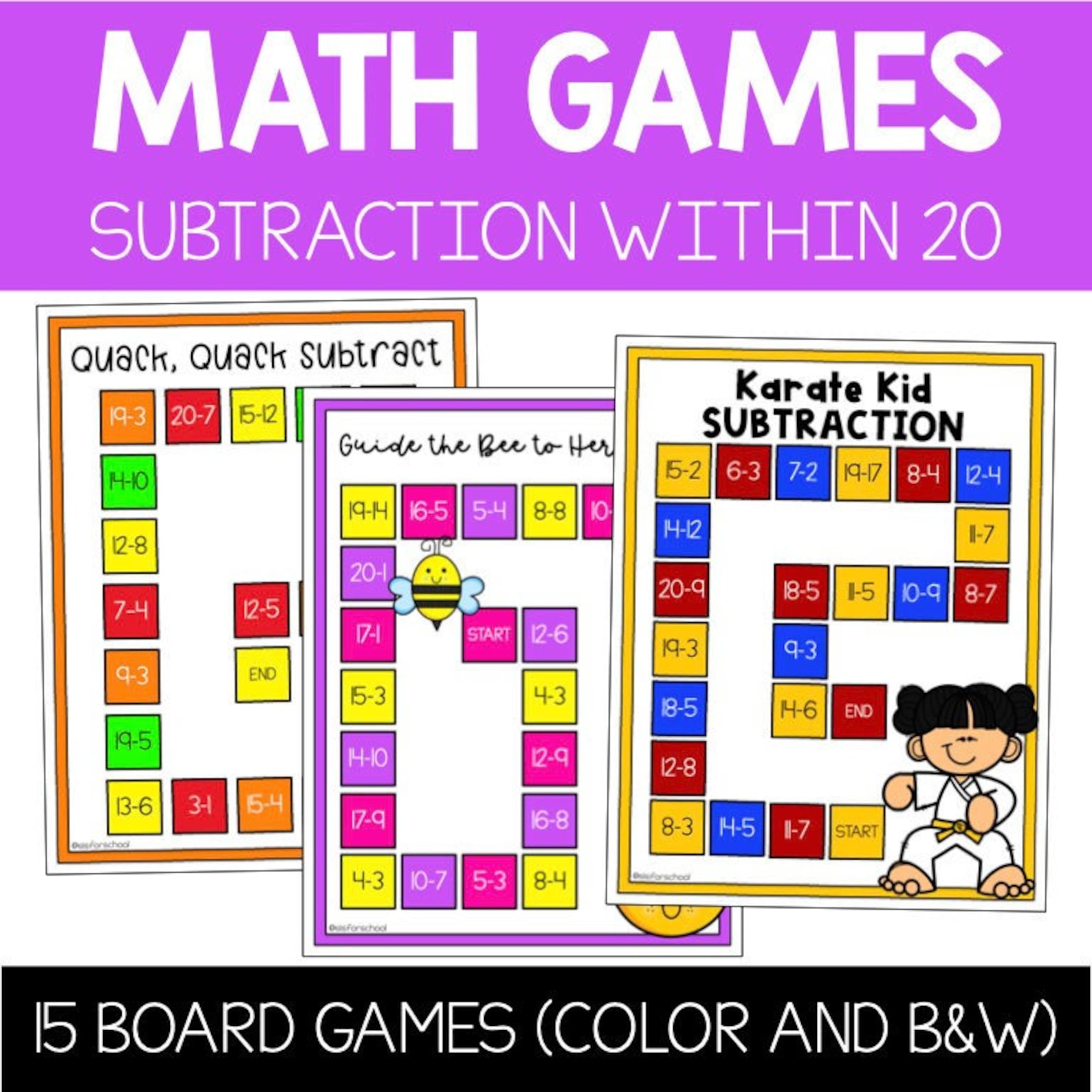 Subtraction From 20 Board Games, Printable Math Games for Centers ...