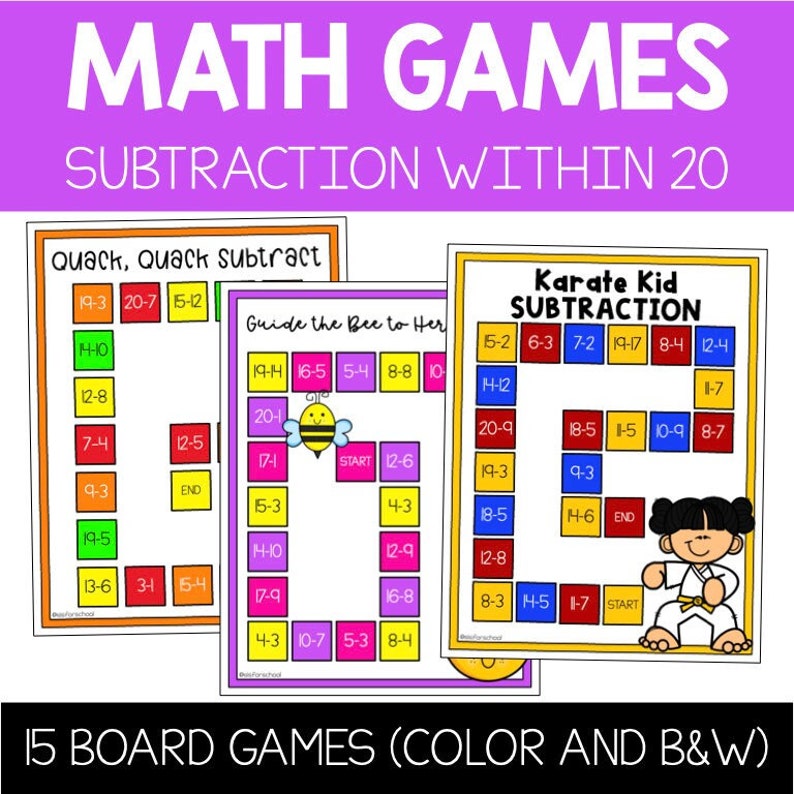 Subtraction From 20 Board Games, Printable Math Games for Centers ...